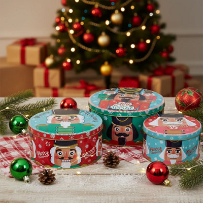 URBNLIVING 3 Piece Christmas Nutcracker Biscuit Cookie and Cake Tin Set ...