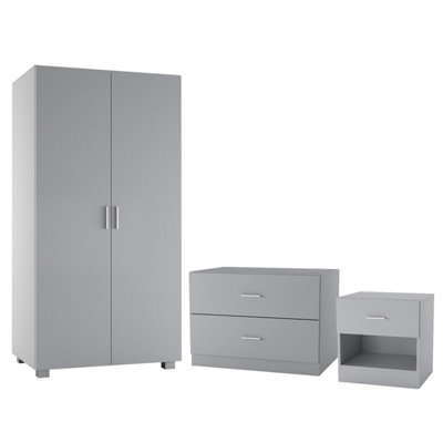 URBNLIVING 3 Piece Wooden Kids Bedroom Set Wardrobe Chest Cabinet Bedside Table Grey