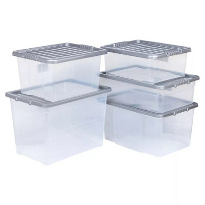 URBNLIVING 32 Litre Silver Container Plastic Storage Box With Clip Lid ...
