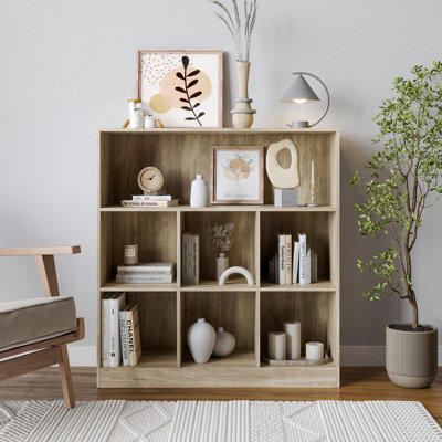 URBNLIVING 37cm Height Wide Oak Wooden 7 Cube Bookcase Shelving Display ...