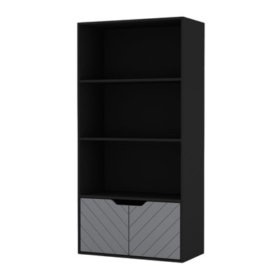URBNLIVING 4 Tier Black Wooden Bookcase Cupboard with 2 Grey Line Doors ...