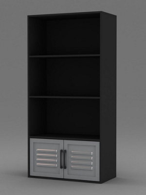 URBNLIVING 4 TIER BLACK WOODEN BOOKCASE CUPBOARD WITH GREY METAL DOORS ...