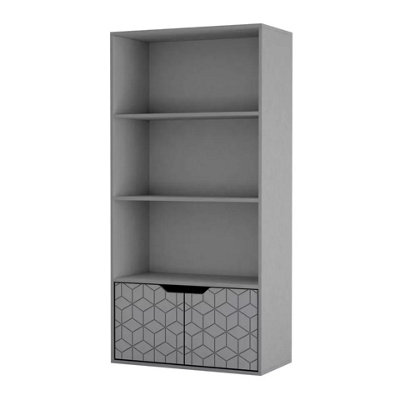 URBNLIVING 4 Tier Grey Wooden Bookcase Cupboard with Grey Geo Doors ...