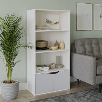 URBNLIVING 4 Tier White Wooden Bookcase with Grey Doors Storage ...