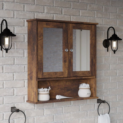 URBNLIVING 58cm Height Rustic Brown Wooden Bathroom Wall Mirror Cabinet
