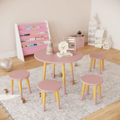 URBNLIVING 60cm Depth Kids Wooden Round Pink Table with 4 Chair ...