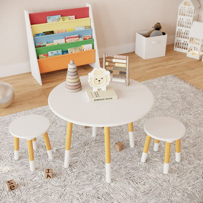 URBNLIVING 60cm Depth Kids Wooden Round White Table with 2 Chair ...