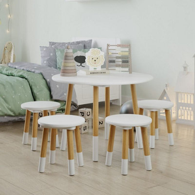 URBNLIVING 60cm Depth Kids Wooden Round White Table with 4 Chair ...