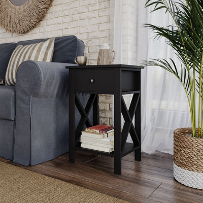 URBNLIVING 60cm Height 2 Pcs Black Wooden 1-Drawer Bedside Sofa Side ...
