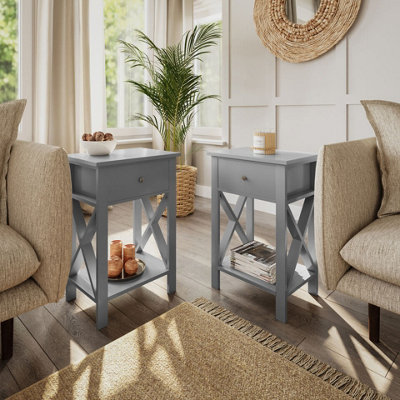 URBNLIVING 60cm Height 2 Pcs Grey Wooden 1-Drawer Bedside Sofa Side End ...
