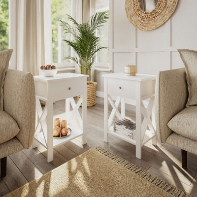URBNLIVING 60cm Height 2 Pcs White Wooden 1-Drawer Bedside Sofa Side ...