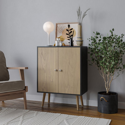 URBNLIVING 60cm Height 2 Tier Black Wooden Bookcase with Oak Door ...
