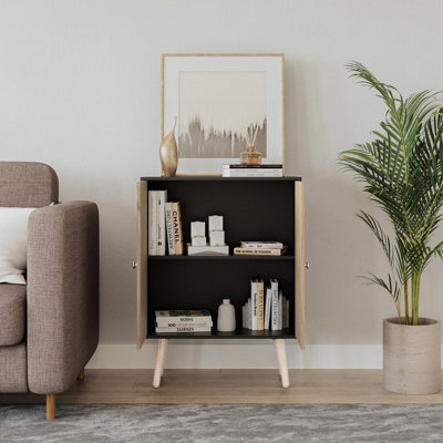 URBNLIVING 60cm Height 2 Tier Black Wooden Bookcase with Oak Door ...