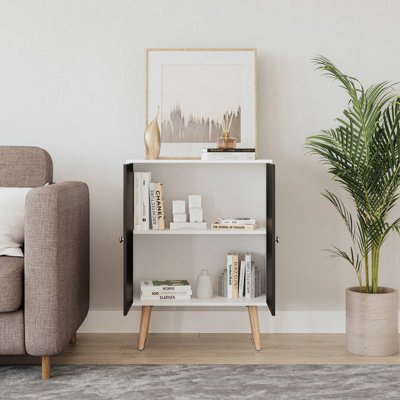 URBNLIVING 60cm Height 2 Tier Black Wooden Bookcase with White Door ...