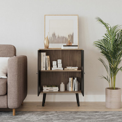 URBNLIVING 60cm Height 2 Tier Oak Wooden Bookcase with Black Door ...