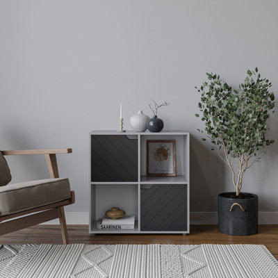 URBNLIVING 61cm Height Grey Wooden Cube Bookcase with Black Line Door ...