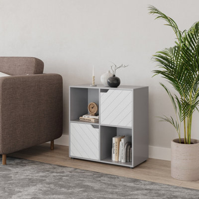 URBNLIVING 61cm Height Grey Wooden Cube Bookcase with White Line Door ...