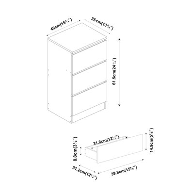 URBNLIVING 62cm Height White 3 Drawer High Wooden Bedroom Chest Cabinet ...