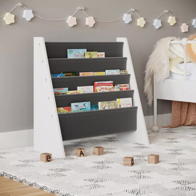 URBNLIVING 63cm Width Kids Children MDF Fabric Display Bookshelf Sling Open Storage 4 Tier Organiser Grey