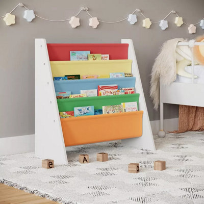 URBNLIVING 63cm Width Kids Children MDF Fabric Display Bookshelf Sling Open Storage 4 Tier Organiser Multicoloured