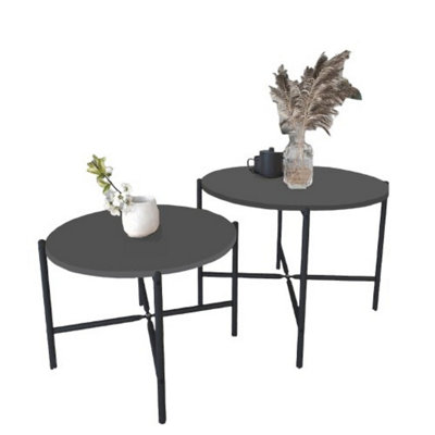 URBNLIVING 65cm Width 2Pcs Round Anthracite Wooden Nesting End Coffee ...