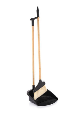 URBNLIVING 73cm Height Long Handled Bamboo Tube Floor Dust Pan & Broom ...