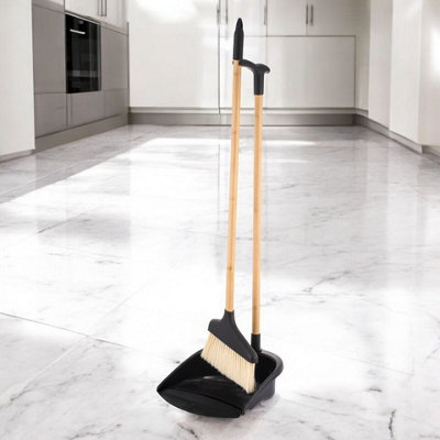 URBNLIVING 73cm Height Long Handled Bamboo Tube Floor Dust Pan & Broom ...