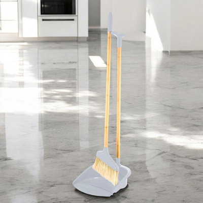 URBNLIVING 73cm Height Long Handled Bamboo Tube Floor Dust Pan & Broom ...