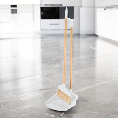 URBNLIVING 73cm Height Long Handled Bamboo Tube Floor Dust Pan & Broom ...