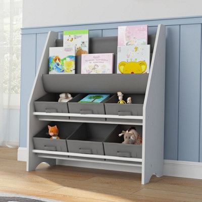 URBNLIVING 74cm Height MDF Wood Fabric Children Kids White Bookshelf Book Toy Organizer Storage Rack