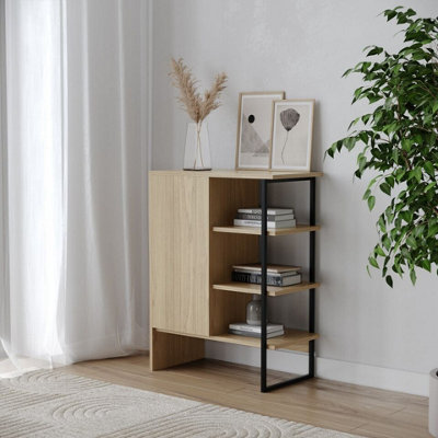 URBNLIVING 79cm Height Wood Steel Living Room 1 Door Bedside Cabinet Shelf Bookcase Unit Oak Colour