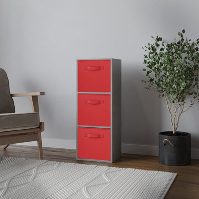URBNLIVING 80cm Height Cedar Grey 3-Tier Cube Shelving Unit with Red ...