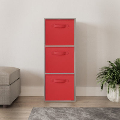 URBNLIVING 80cm Height Grey 3-Tier Cube Shelving Unit with Red Inserts