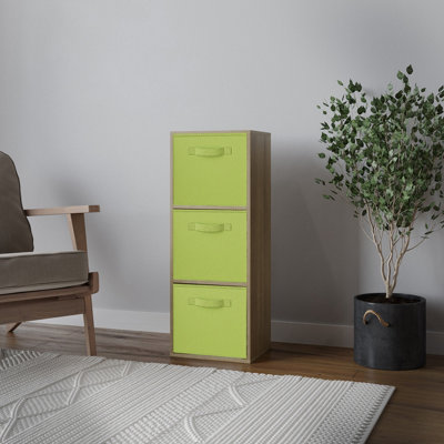 URBNLIVING 80cm Height Warm Oak 3-Tier Cube Shelving Unit with Green ...
