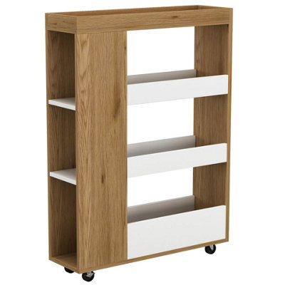 URBNLIVING 85cm Height 4 Tier Slim White & Oak Wooden Rolling Portable ...