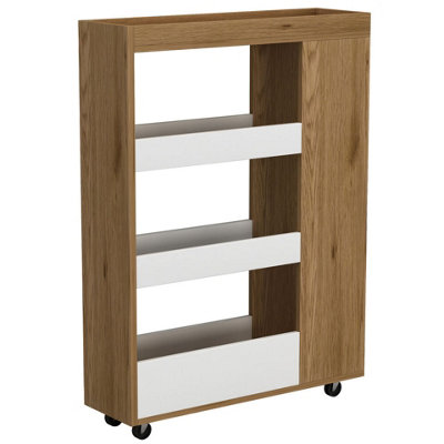 URBNLIVING 85cm Height 4 Tier Slim White & Oak Wooden Rolling Portable ...