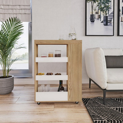 URBNLIVING 85cm Height 4 Tier Slim White & Oak Wooden Rolling Portable ...