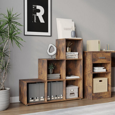 URBNLIVING 90.5cm Height 6 Cube Step Storage Rustic Brown Bookcase Unit ...