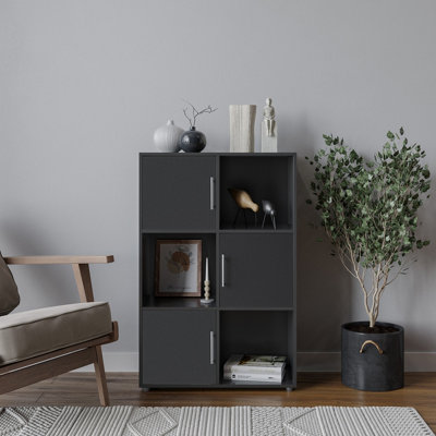 URBNLIVING 91cm Height 6 Cube Bookcase Black Wood Door Metal Handle ...