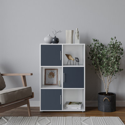 URBNLIVING 91cm Height 6 Cube Bookcase White Wood Grey Door Metal ...