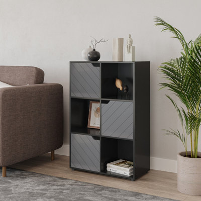 URBNLIVING 91cm Height Black Wooden 6 Cubes Bookcase with Grey Line ...