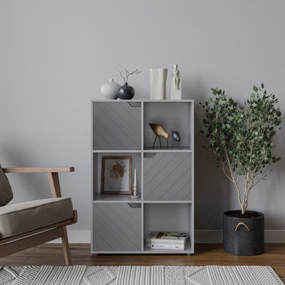 URBNLIVING 91cm Height Grey Wooden Cube Bookcase with Grey Line Door ...