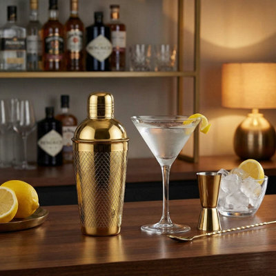 URBNLIVING Gold Metal Barware Set - Cocktail Shaker Set with Double ...
