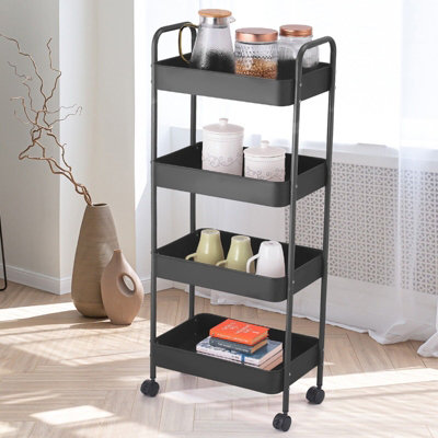 URBNLIVING Height 105cm 4 Tier Black Shelf Plastic Slim Storage Trolley ...