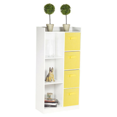 URBNLIVING Height 128cm Tall Wooden White 7 Cube Bookcase with Yellow ...