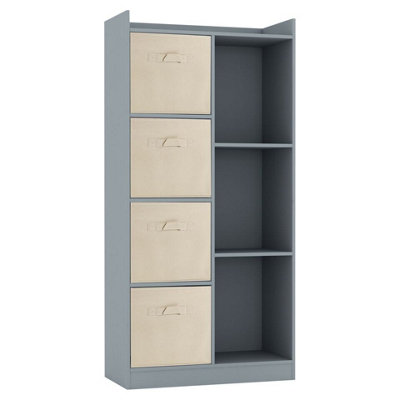 URBNLIVING Height 128cm Wooden Grey 7 Cube Bookcase with Beige Drawers ...