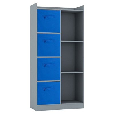 URBNLIVING Height 128cm Wooden Grey 7 Cube Bookcase with Dark Blue ...