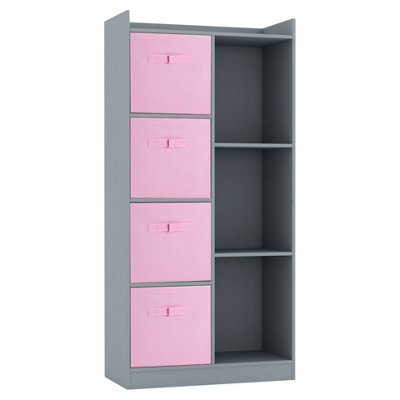 URBNLIVING Height 128cm Wooden Grey 7 Cube Bookcase with Light Pink ...