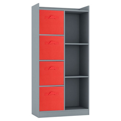 URBNLIVING Height 128cm Wooden Grey 7 Cube Bookcase with Red Drawers ...