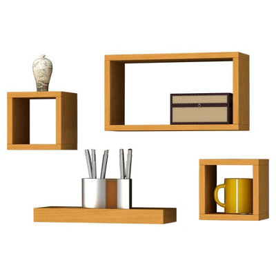 URBNLIVING Height 16cm Set of 4 Wooden Beech Cube Shelves Wall Storage ...